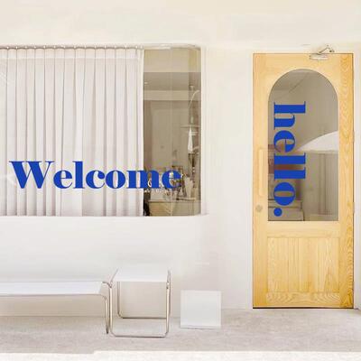 汽车贴纸hello英文你好贴纸克莱因蓝welcome欢迎光临店铺玻璃门装