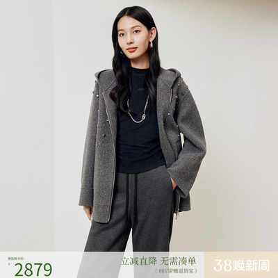 firststation休闲连帽双开拉链羊毛宽松大衣外套女25冬新款8222A