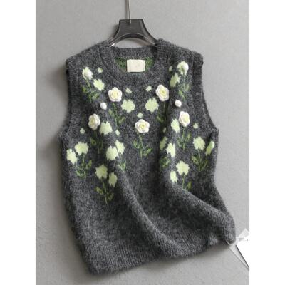 立体花朵宽松外穿圆领坎肩背心2025秋新款减龄针织毛衣女马夹V354