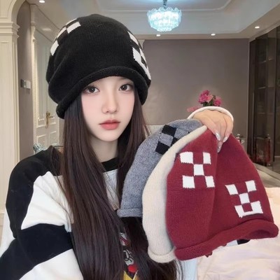 针织抽绳堆堆帽女秋冬毛线帽护耳