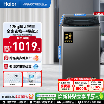 国家补贴|海尔波轮洗衣机大容量家用全自动12kg租房除螨除菌10D0