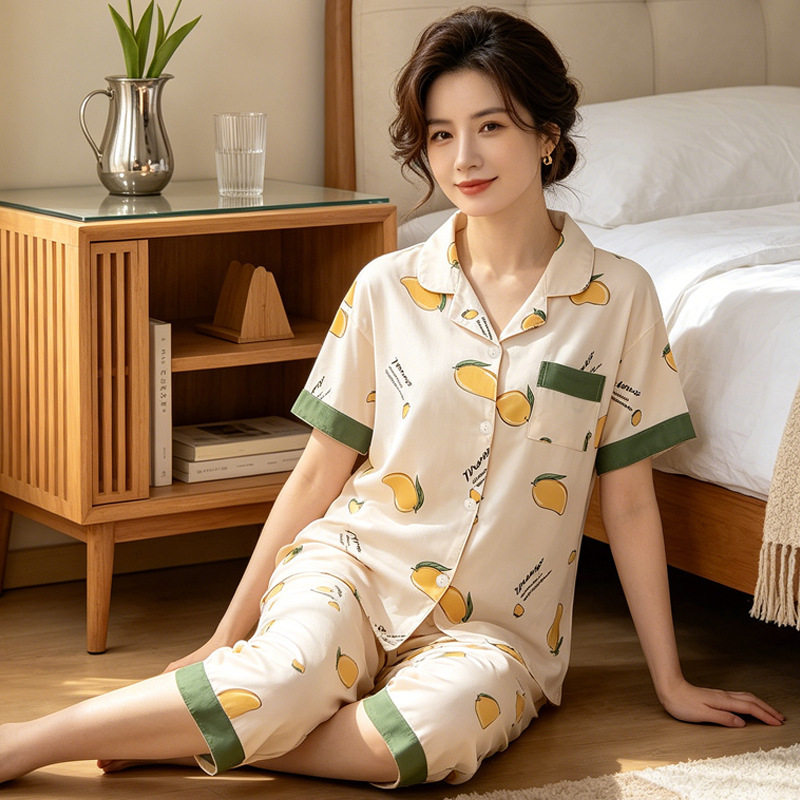 夏季休闲中年妈妈宽松大码家居服仿棉翻领开衫短袖七分裤套装