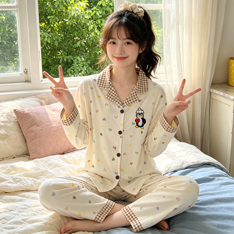 少女睡衣套装ins风日系卡通企鹅长袖仿棉软乎乎家居服可外穿