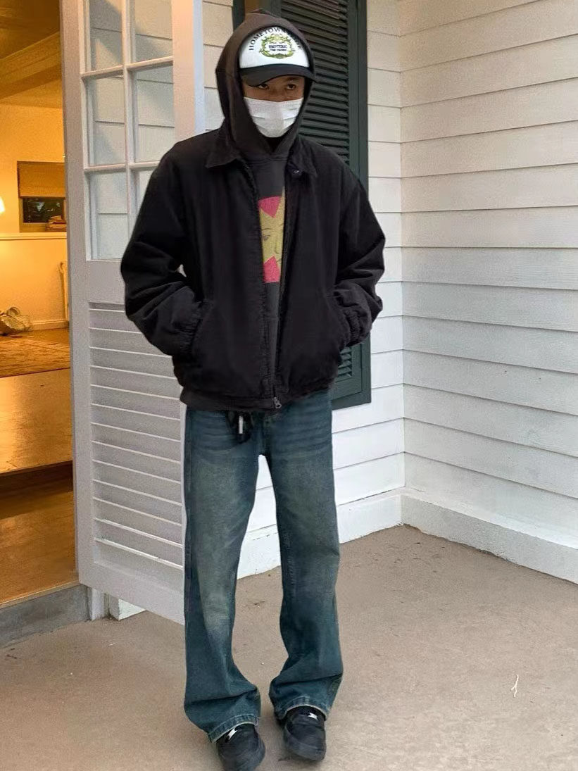 Vujade水洗做旧风Vintage牛仔裤阔腿男女同款美式宽松vibe长裤_虎窝淘