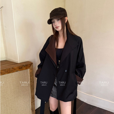 TARU叠领中长款风衣女系带收腰