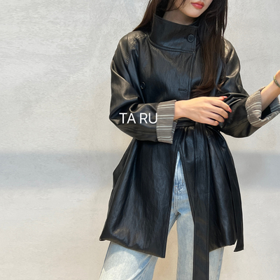 TARU蛋白皮中长款风衣女显瘦