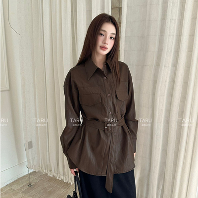 TARU新款翻领系带长袖PU皮衣女