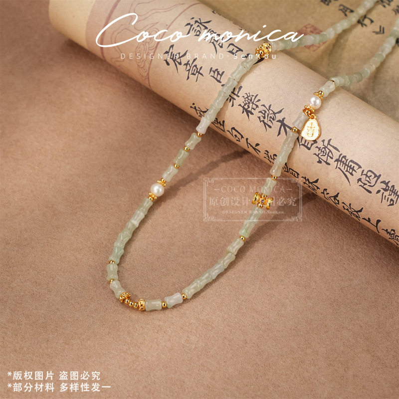 【小霞珠宝】珍珠竹节翡翠项链手工百搭复古小众简约AF393