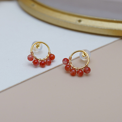 如帆法式优雅复古五颗红玛瑙圆圈耳钉925纯银气质小巧耳环女50690