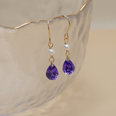 如帆法式复古浪漫紫水滴锆石珍珠耳环14k包金耳钩气质耳饰女60133