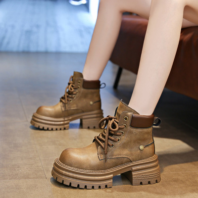 2867新款2024秋季弹力靴高跟中筒靴马丁皮面靴瘦长靴百搭中跟女靴