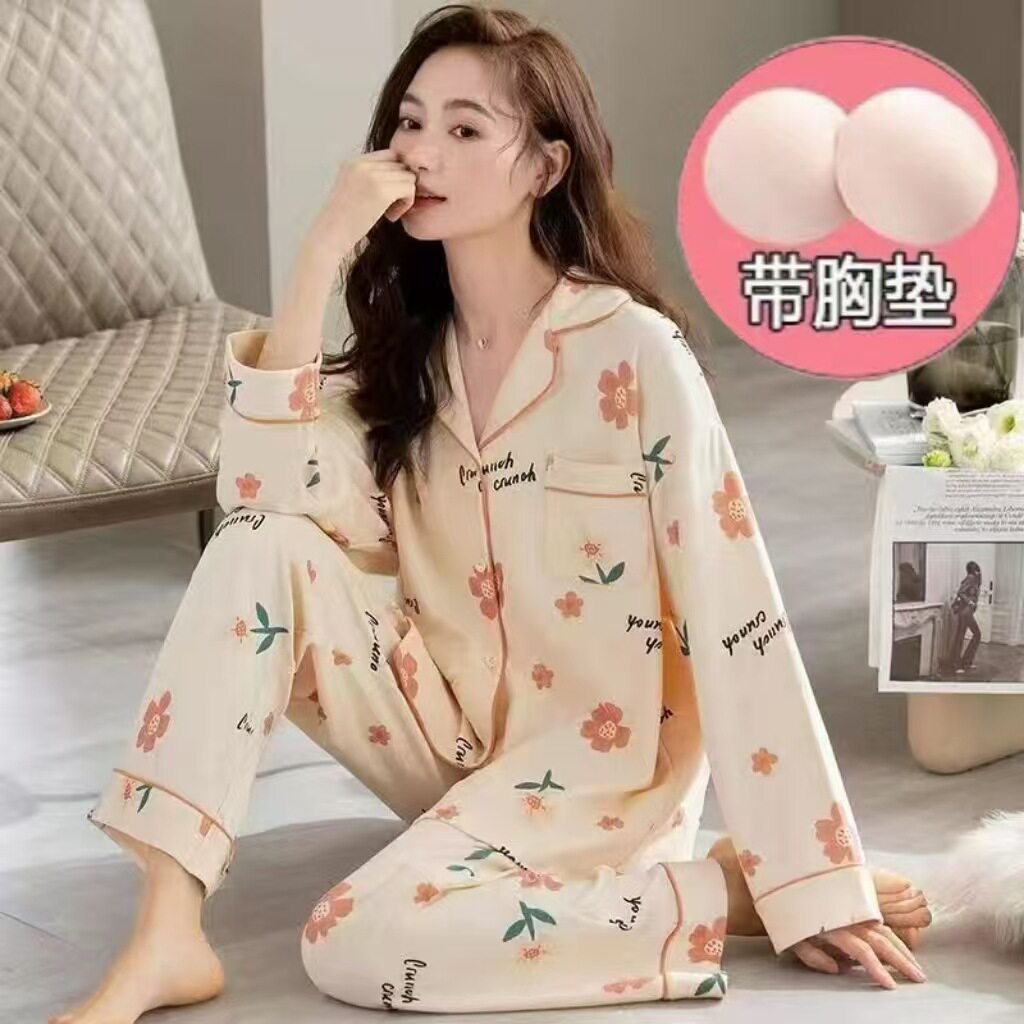 自带胸垫一体睡衣纯棉女长裤长袖两件套装2026春秋新款大码家居服
