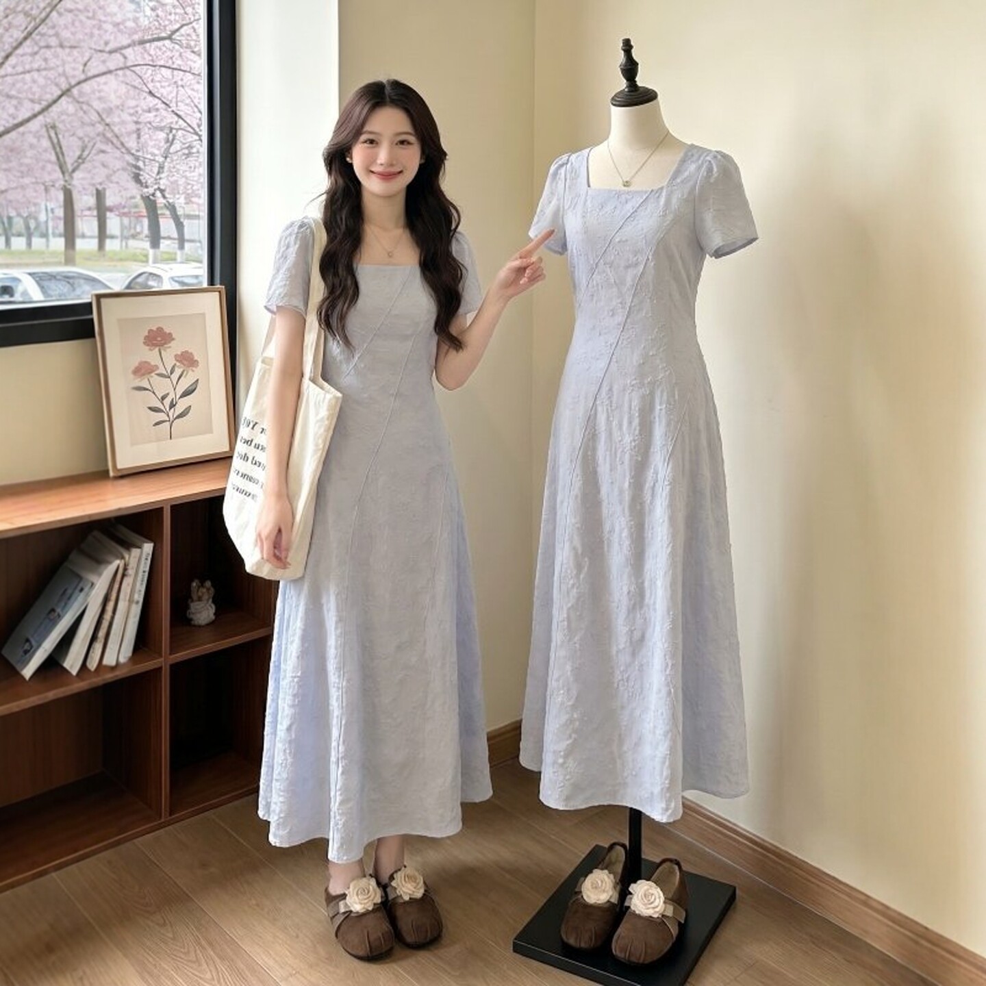高级感方领短袖洋装女夏2026大尺码胖mm显瘦收腰法式温柔风长裙子