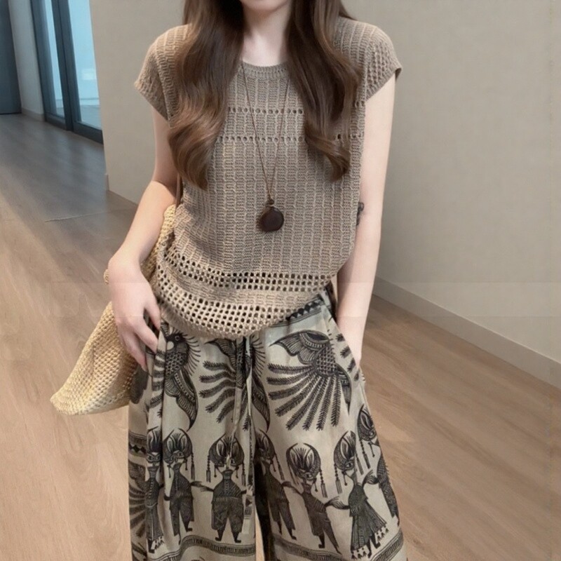 大码女2026夏季新款独特漂亮套装韩版时髦镂空上衣高腰阔腿裤套装