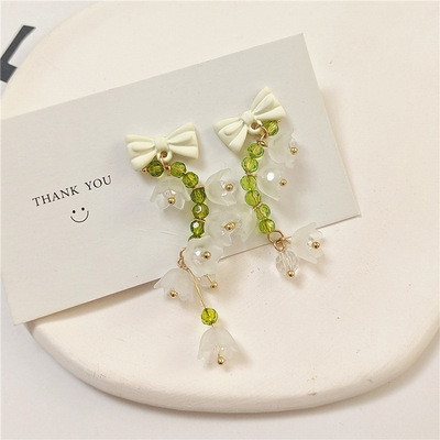 铃兰花流苏银针耳钉新品磨砂串珠