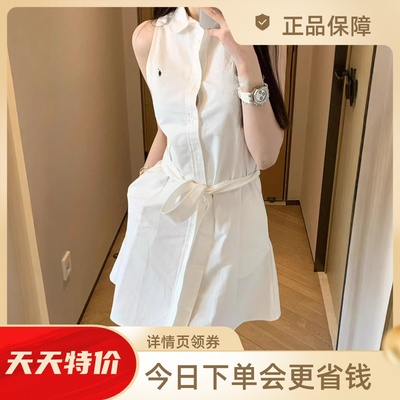 rl拉夫春夏小马标刺绣无袖小白裙polo翻领系带白月光连衣裙