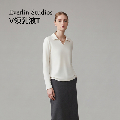 2026秋季新款V领长袖女兰精天丝莫代尔棉百搭乳液polo女翻领t恤