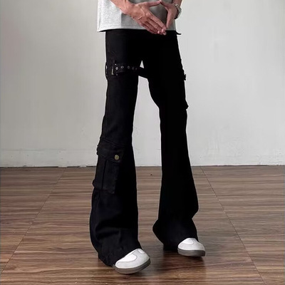 夏季黑色vibe绑带微喇工装牛仔裤男cleanfit美式高街修身喇叭裤子