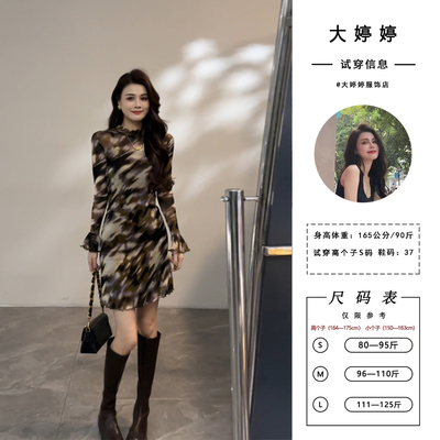 大婷婷 秋冬新款画墨印花气质修身收腰显瘦长袖打底连衣裙DT1655