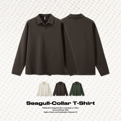 「设计师品牌」华夫格海鸥领长袖T恤秋季潮牌休闲纯色翻领上衣男