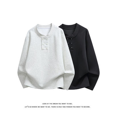 「设计师品牌」美式风亨利领卫衣男女纽扣装饰重磅长袖上衣百搭