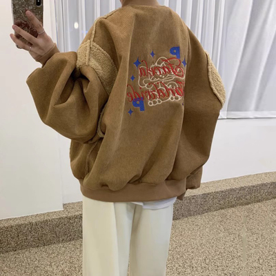 复古后背刺绣字母印花毛绒外套