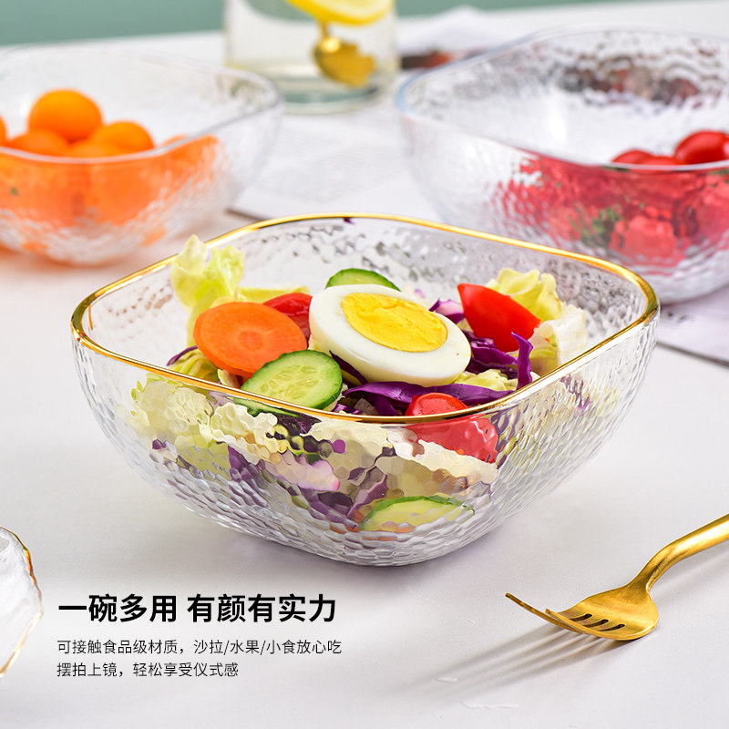 日式金边玻璃碗沙拉碗碗盘套装家用汤碗饭碗面碗创意甜品碗碟餐具
