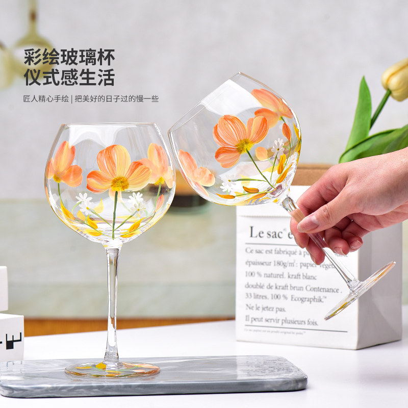 法兰晶轻奢红酒杯高脚杯家用玻璃杯彩绘水晶彩色葡萄酒杯洋酒杯子