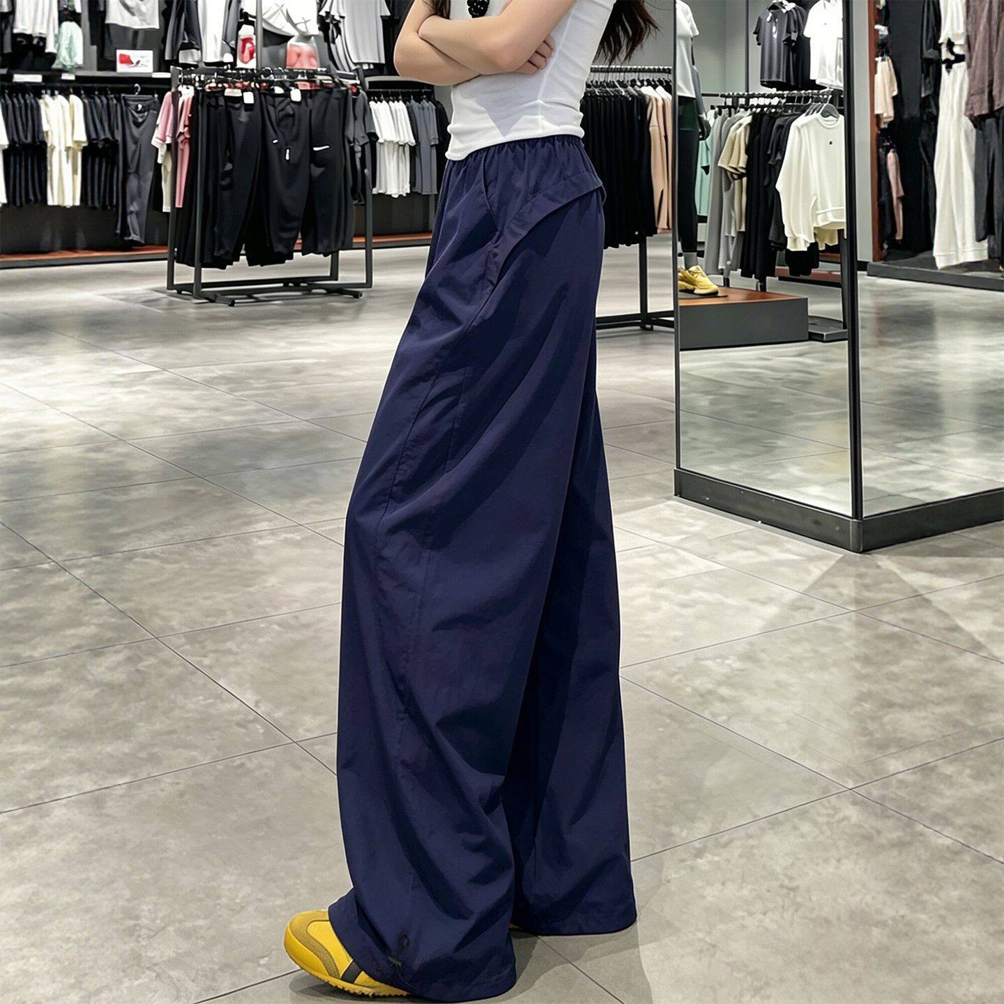 藏青色速干工装裤女款2026新款小个子高腰阔腿美式运动凉凉遛弯裤