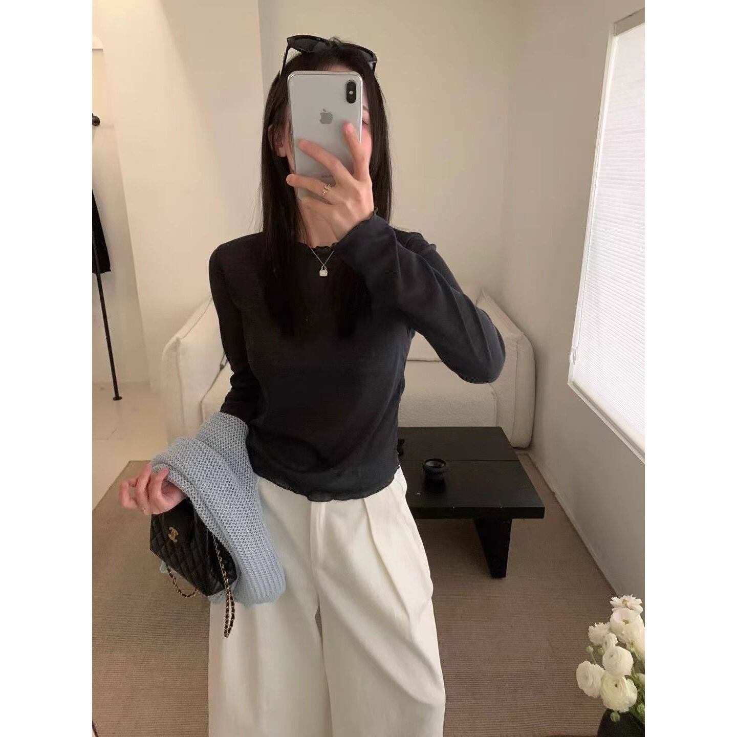 韩系木耳边可防晒长袖t恤打底衫女内搭可外穿洋气修身显瘦上衣薄