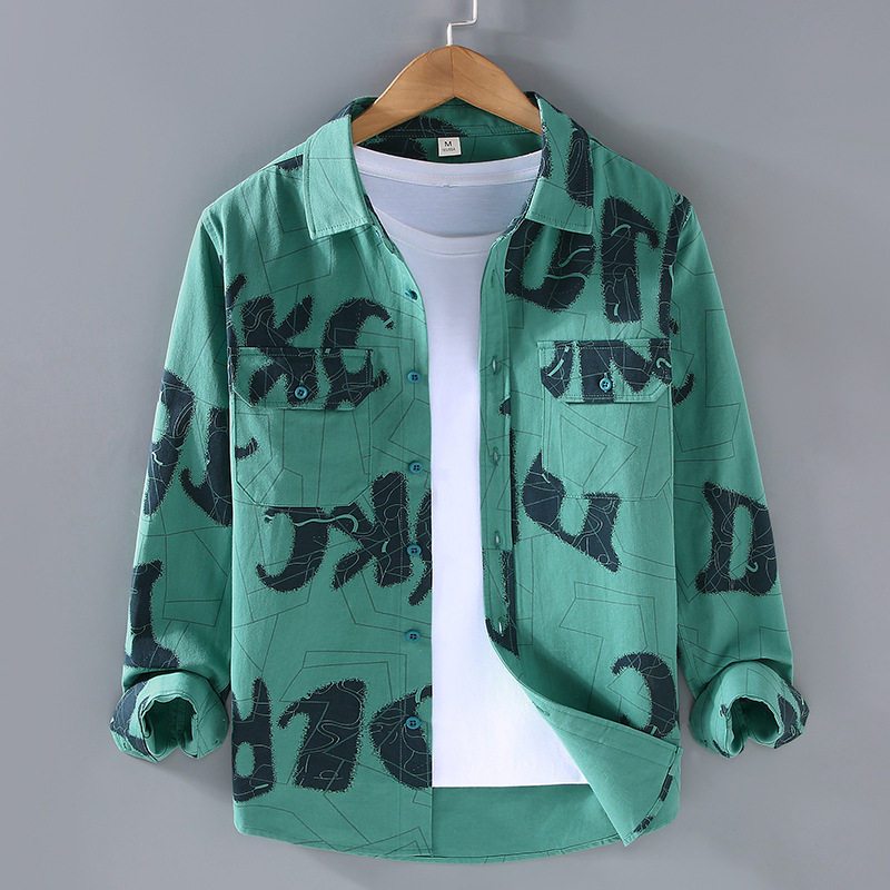 100%纯棉长袖衬衫男大字母绿色衬衣服春秋新品百搭外套印花帅气潮