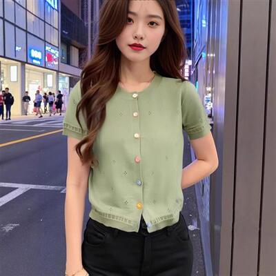 春夏新款韩版商场专柜短袖时尚圆领彩虹扣子镂空设计薄款针织开衫