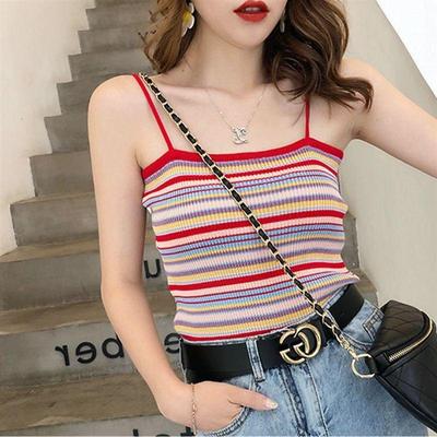 韩版夏季彩虹条纹少女露背上衣夏季新款修身显瘦针织吊带背心女潮