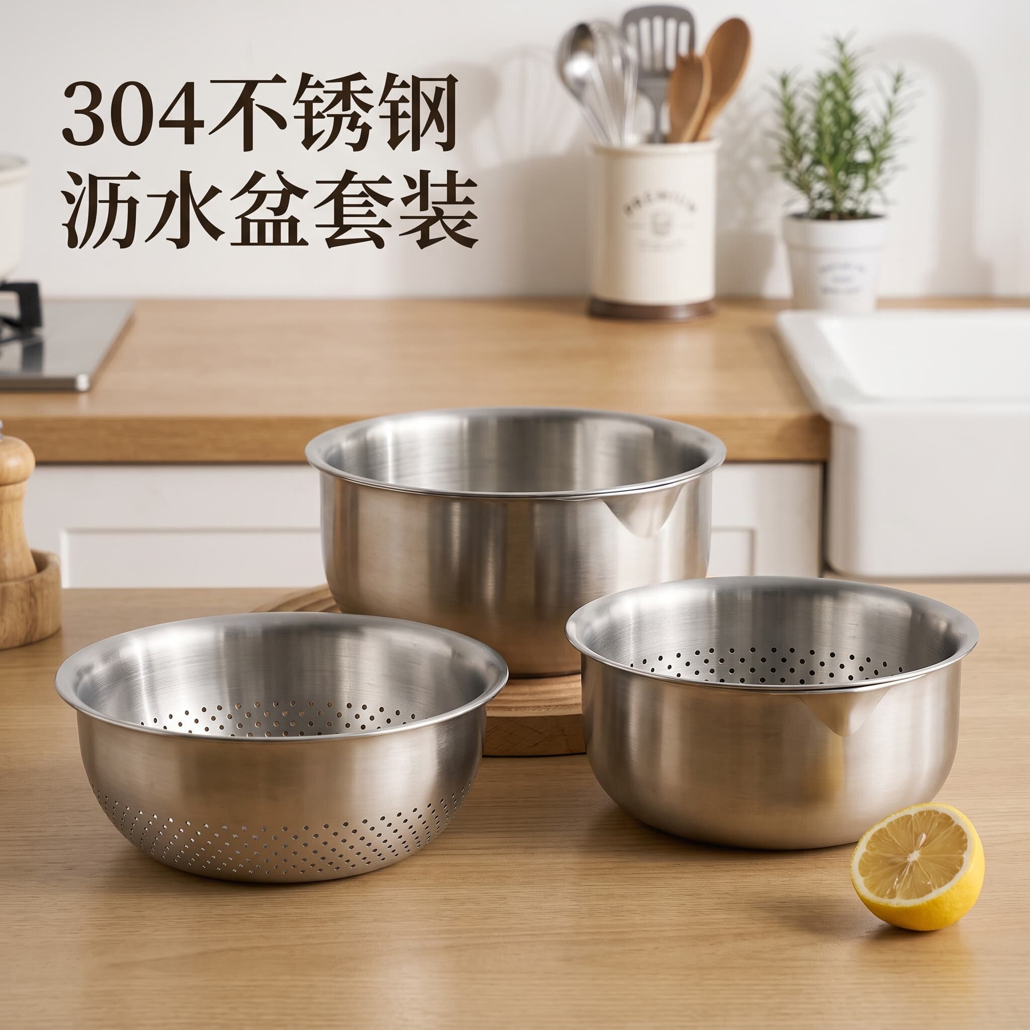 不锈钢洗菜沥水篮厨房淘米备菜盆刻度漏盆烘焙料理盆餐具漏水筛