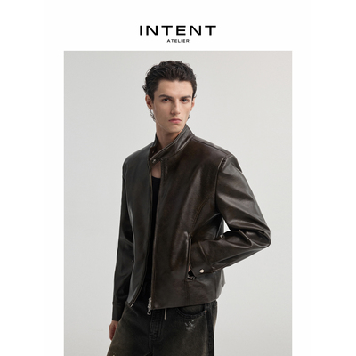 INTENT 暮棕立领机车皮衣夹克复古短款仿皮秋冬高级感外套