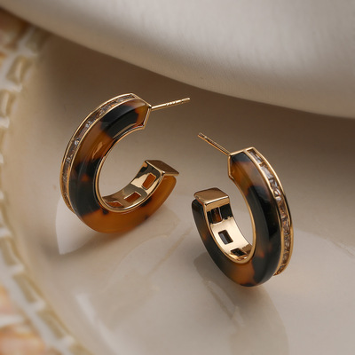 复古港风亚克力耳环欧美银针C形设计个性琥珀老钱风耳钉耳饰百搭