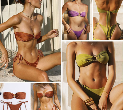 【old money】高级性感比基尼泳衣女欧美抹胸金属扣外贸泳衣辣妹