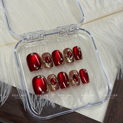 甲忆 纯手工秋冬红宝石猫眼布契拉提显白鸽血红新年美甲深邃红光