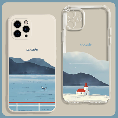 淡蓝色大海手绘治愈插画手机壳