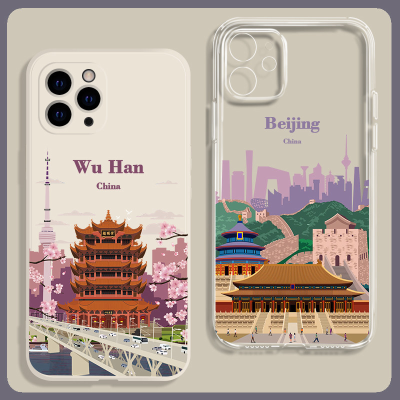 原创中国旅游城市地标插画个性定制17苹果16promax手机壳15小米14华为mate80全包nova13透明oppovivo情侣异地