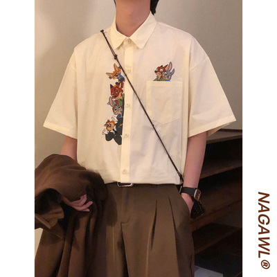 NAGAWL夏季美式复古宽松潮牌卡通刺绣设计感别致短袖衬衫上衣男女