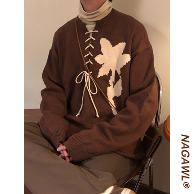 NAGAWL秋冬美式复古宽松休闲美拉德花卉绑绳针织衫套头毛衣男女潮