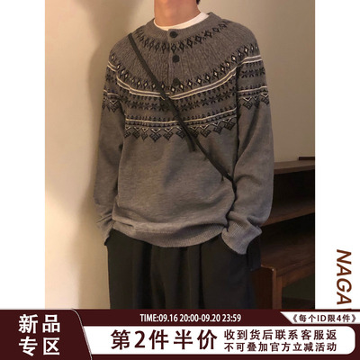 NAGAWL韩系复古费尔岛提花半高领毛衣男高级感痞帅宽松慵懒针织衫