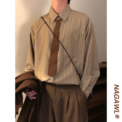 NAGAWL2026春季美式复古条纹风长袖衬衫男女宽松百搭休闲风上衣潮