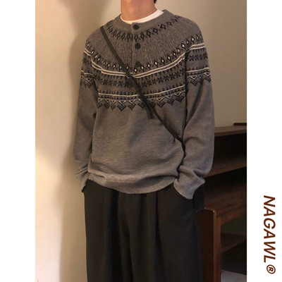 NAGAWL韩系复古费尔岛提花半高领毛衣男高级感痞帅宽松慵懒针织衫