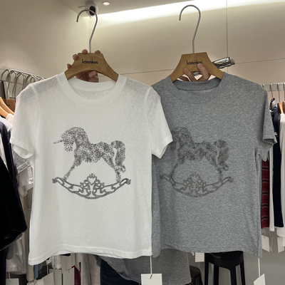 烫钻小马图案短袖T恤百搭上衣