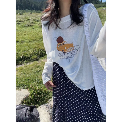 一字领露肩字母卡通图案长袖T恤