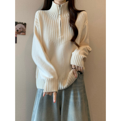 跨境半拉链翻领内搭毛衣女2025秋