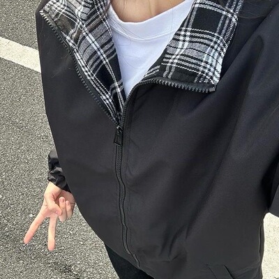 立领+春秋+宽松+格子+美式+休闲