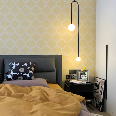 美国卧室黄色菱形格子现货墙纸